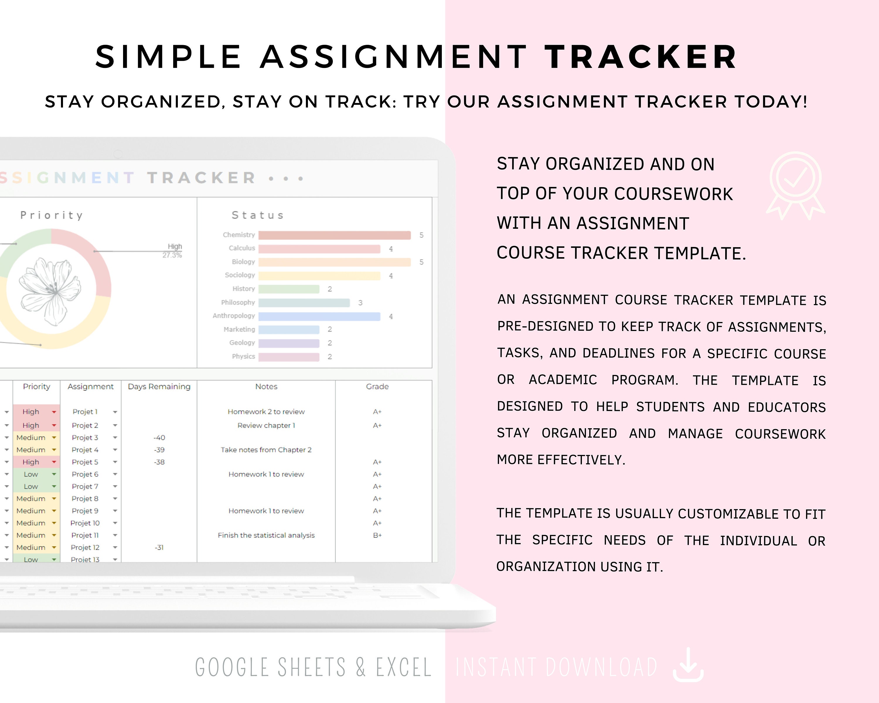 Assignment Tracker Google Sheets and Excel Spreadsheet Template ...