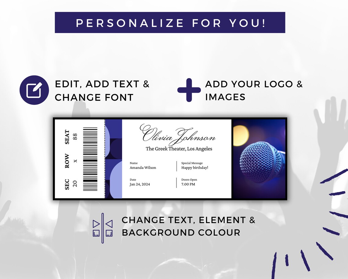 Editable Concert Ticket Template, DIY Event Ticket, Custom Concert Ticket Gift, Surprise ...