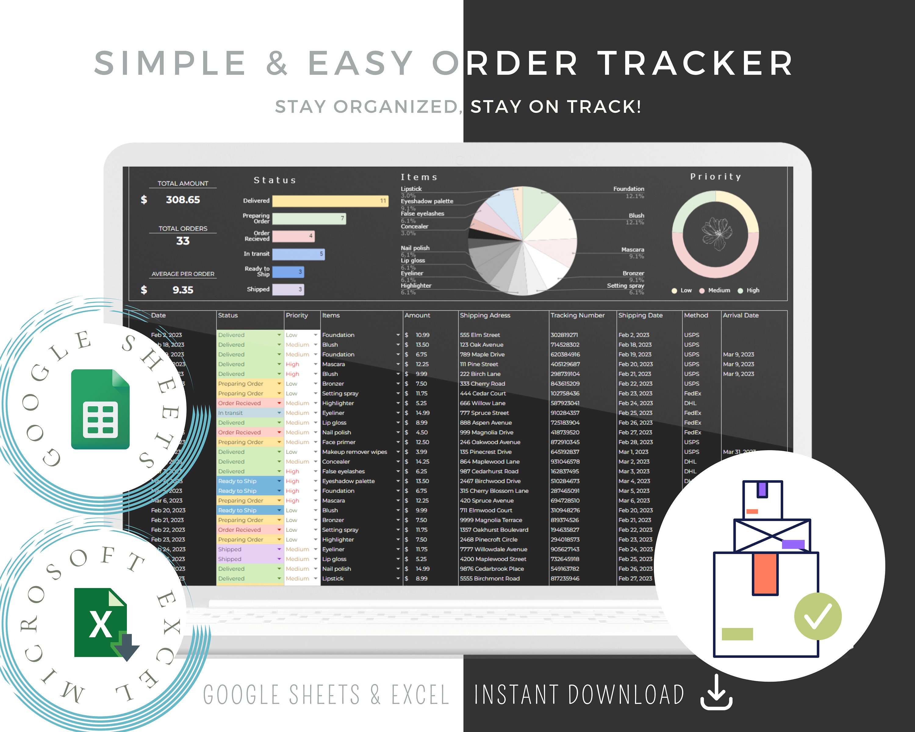 Order Manager & Tracker Google Sheets Excel Template Small Business ...