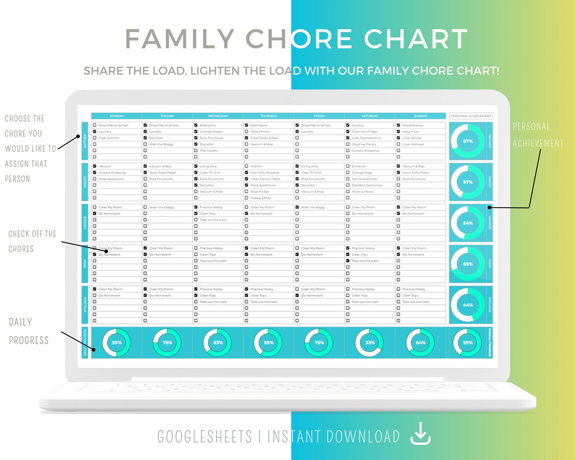 Family Chore Chart Google Sheets Template Weekly Family - Etsy