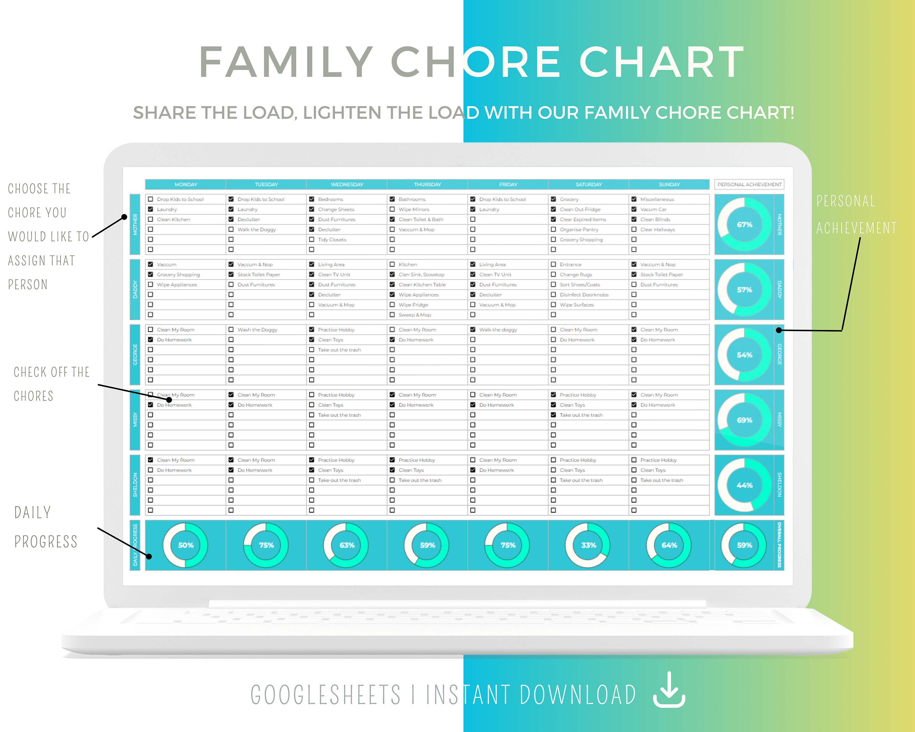 Family Chore Chart Google Sheets Template Weekly Family - Etsy