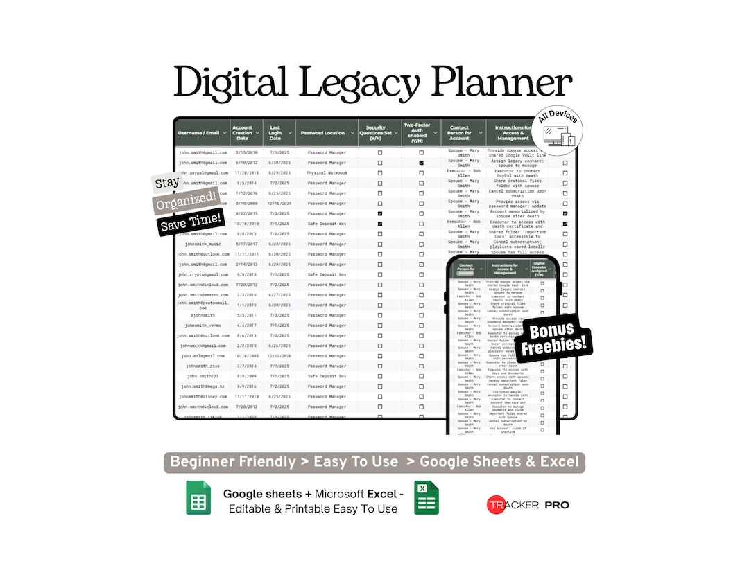 Digital Legacy Planner Google Sheets Template, Online Accounts ...