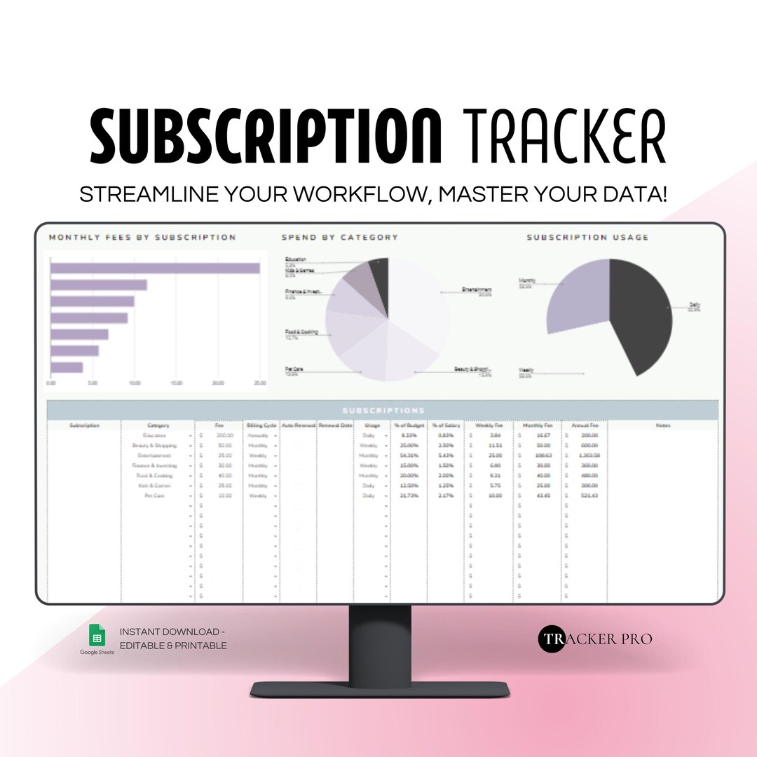Subscription Tracker Google Sheets Template | Financial Planner Tools ...