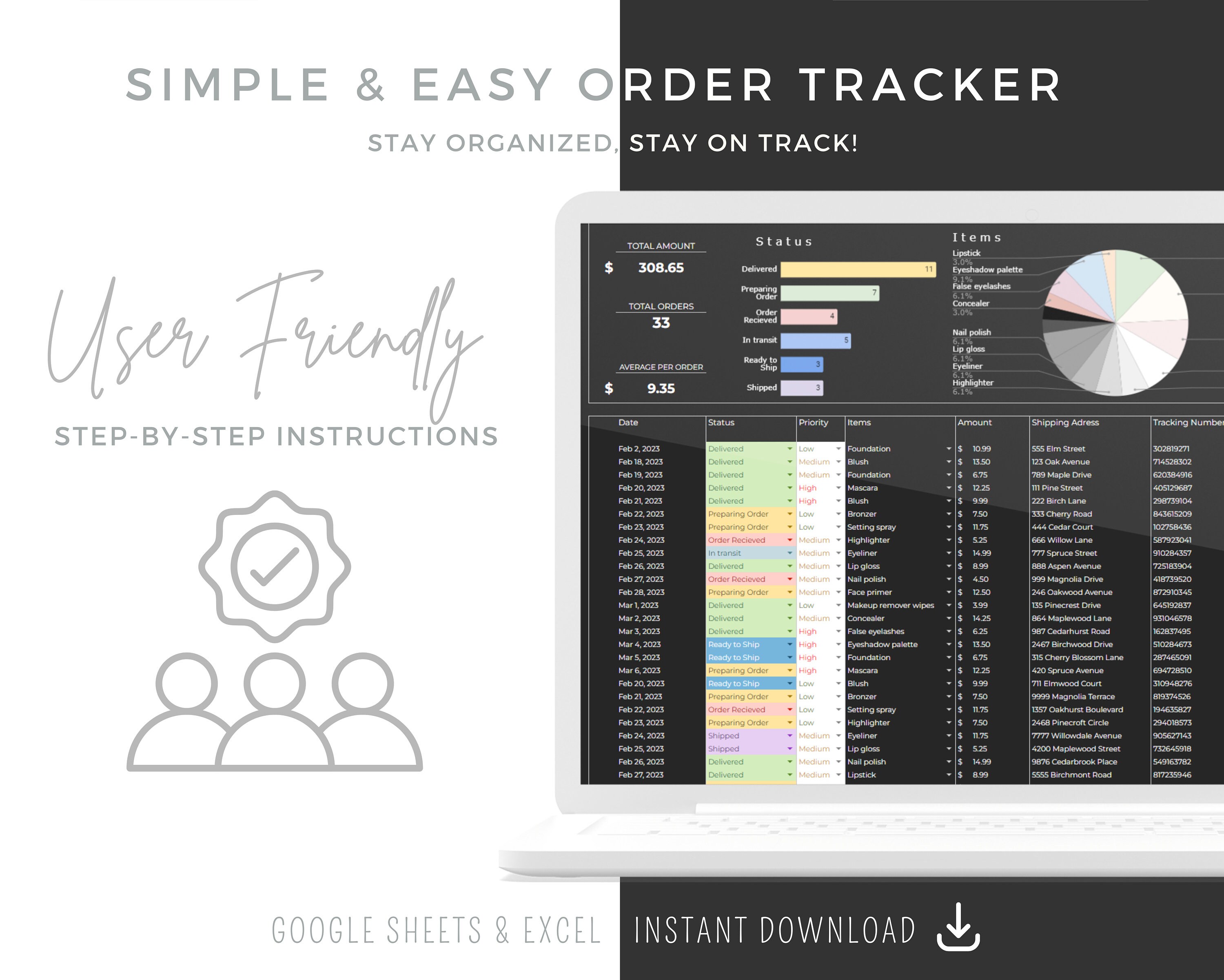 Order Manager & Tracker Google Sheets Excel Template Small Business ...
