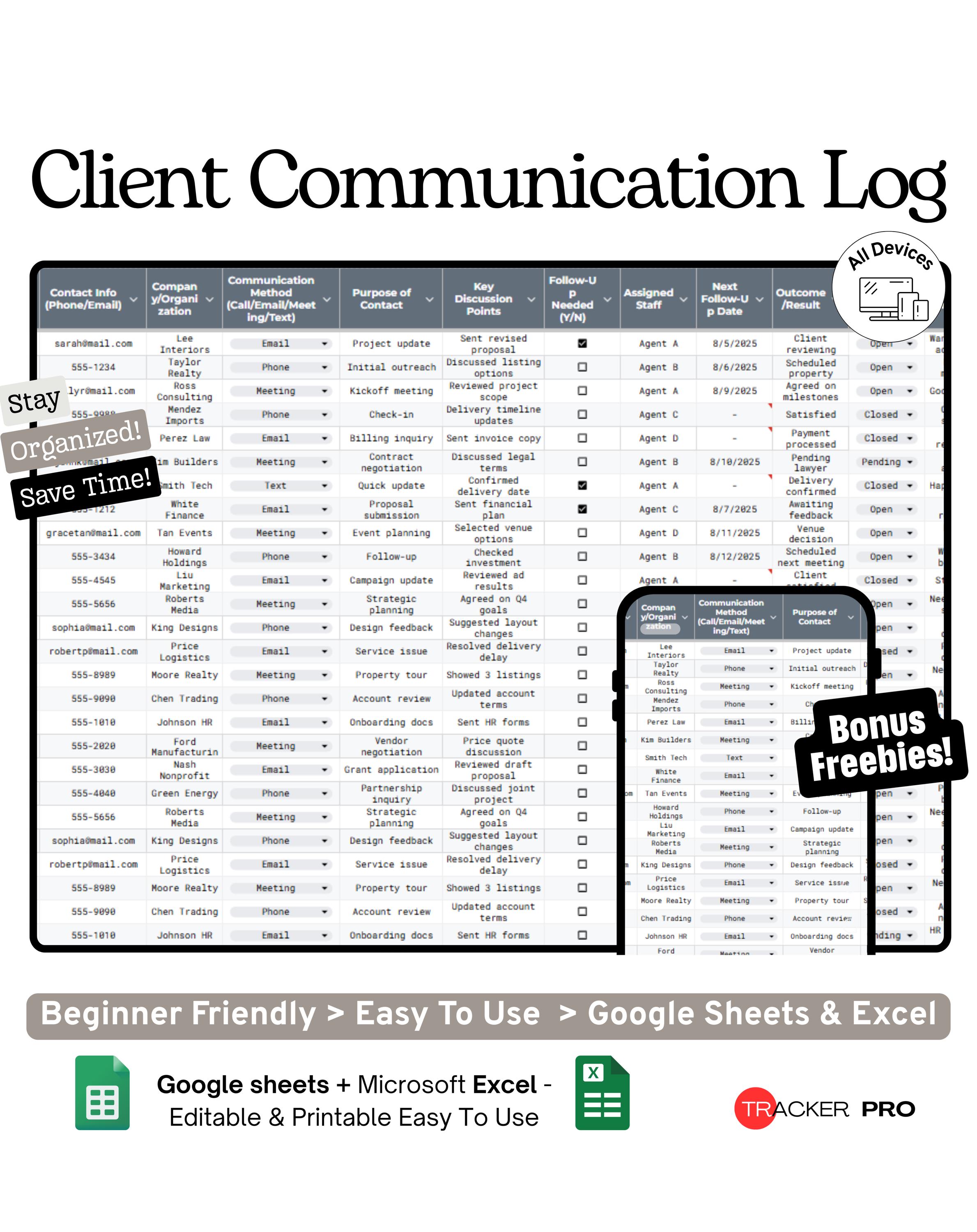 Client Communication Log Google Sheets Template (client Calls, Emails ...