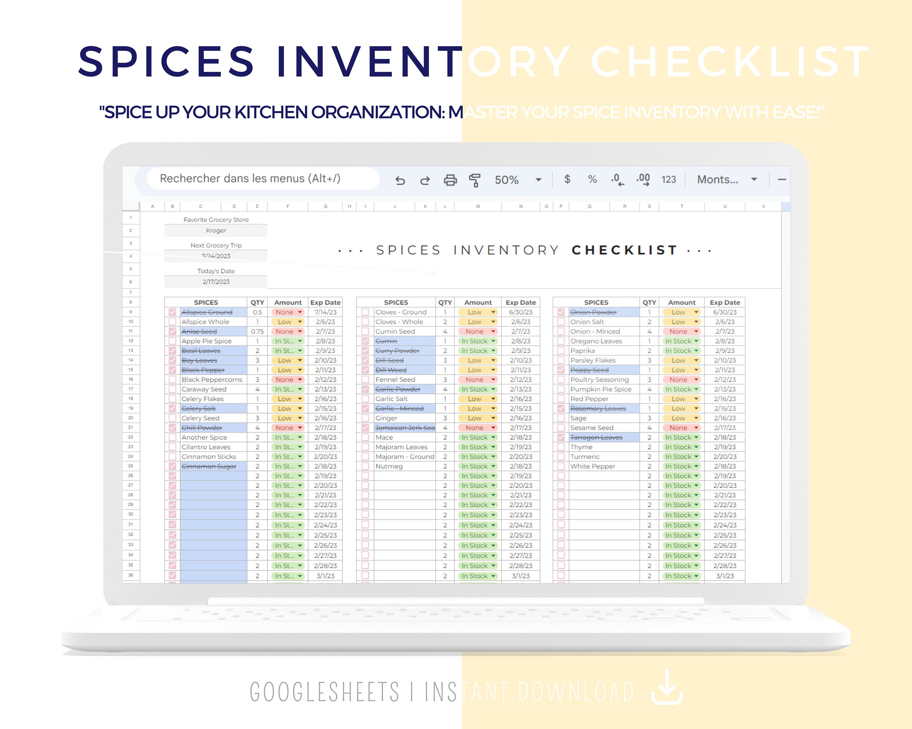 Spices Inventory List Pantry Inventory Spreadsheet Spice - Etsy