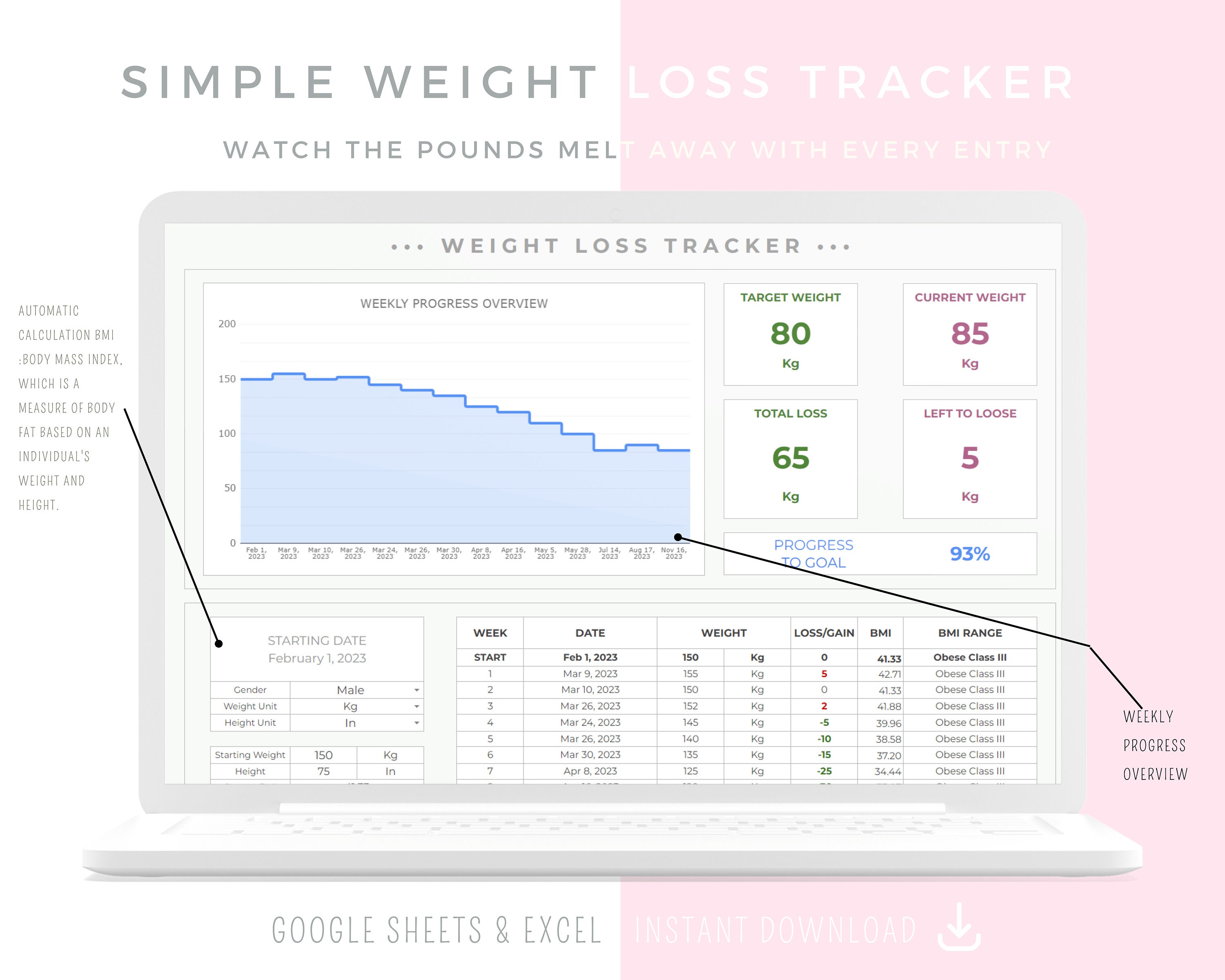 Weight Loss Tracker Spreadsheet for Google Sheets, Weight Loss Planner ...