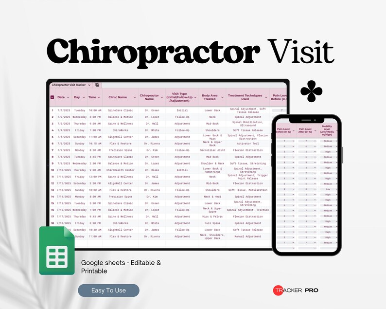 Chiropractor Visit Tracker Google Sheets, Spinal Adjustment Log, Pain ...