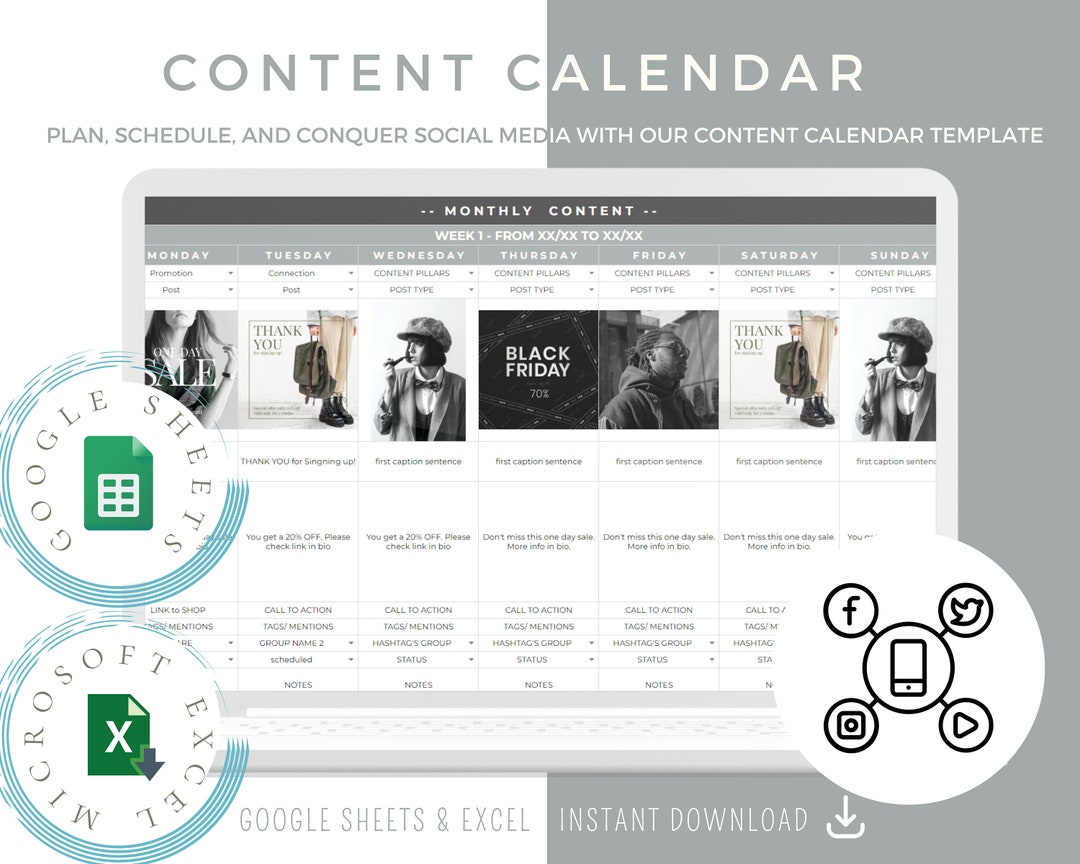 Content Planner Google Sheets, Social Media Content Calendar, Social ...