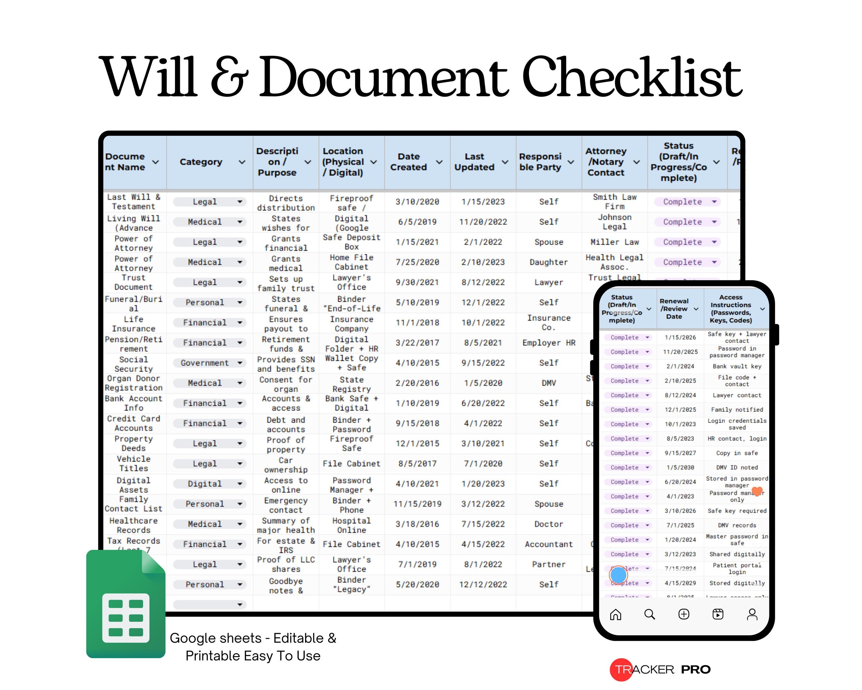 Will and End-of-life Document Checklist Google Sheets Template (estate ...