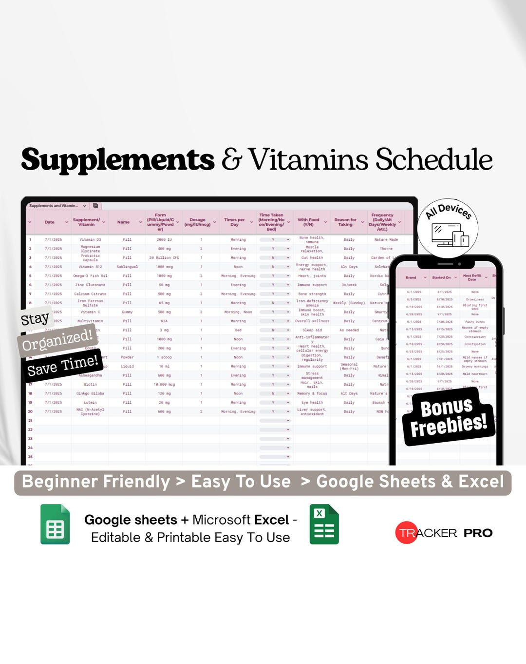 Supplements & Vitamins Schedule Google Sheets, Daily Nutrient Intake ...