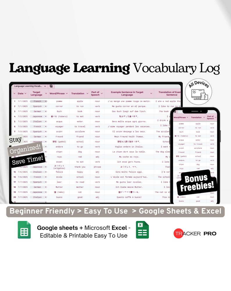 Language Learning Vocabulary Log Google Excel, New Word Tracker ...