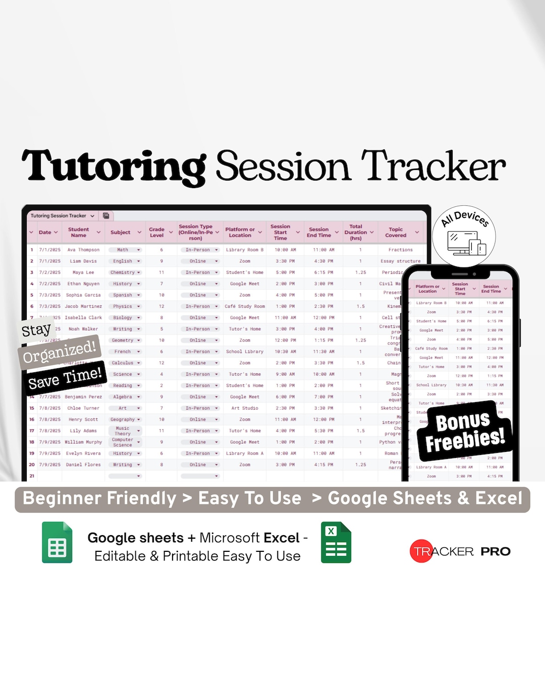 Tutoring Session Tracker Google Sheets, Student Progress Log, Tutoring ...