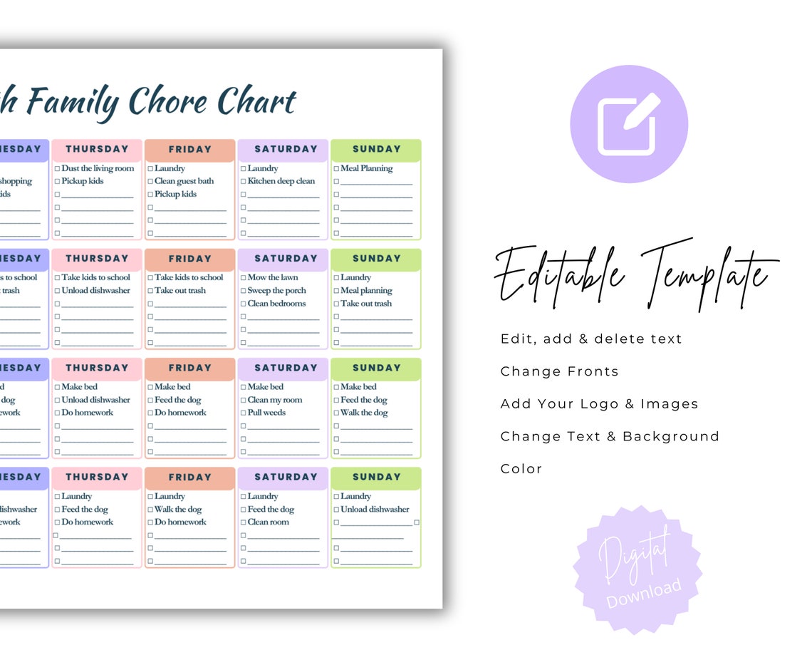 Editable Family Chore Chart, Printable Weekly Chore List, Adults Chore ...