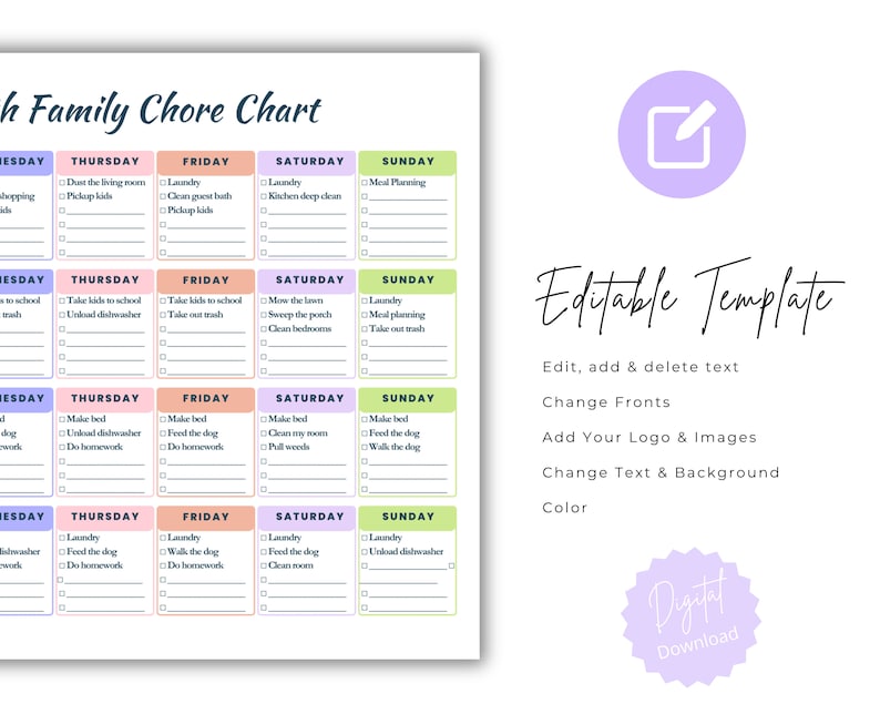 Editable Family Chore Chart, Printable Weekly Chore List, Adults Chore ...