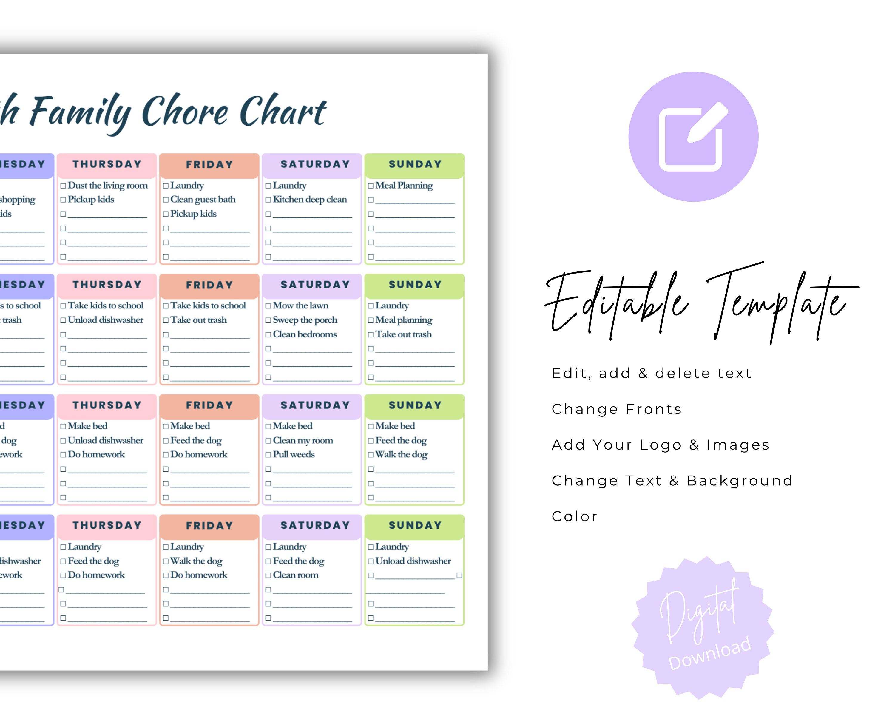 Editable Family Chore Chart, Printable Weekly Chore List, Adults Chore ...