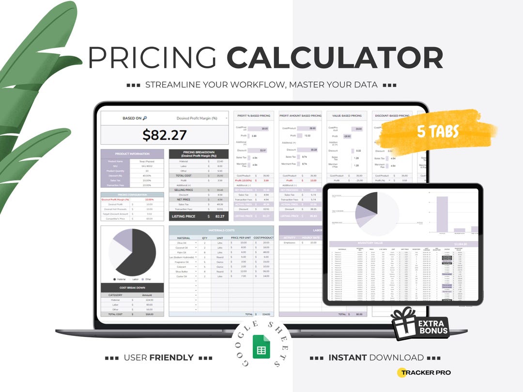 Product Pricing Calculator Spreadsheet for Google Sheets, Profit Margin ...