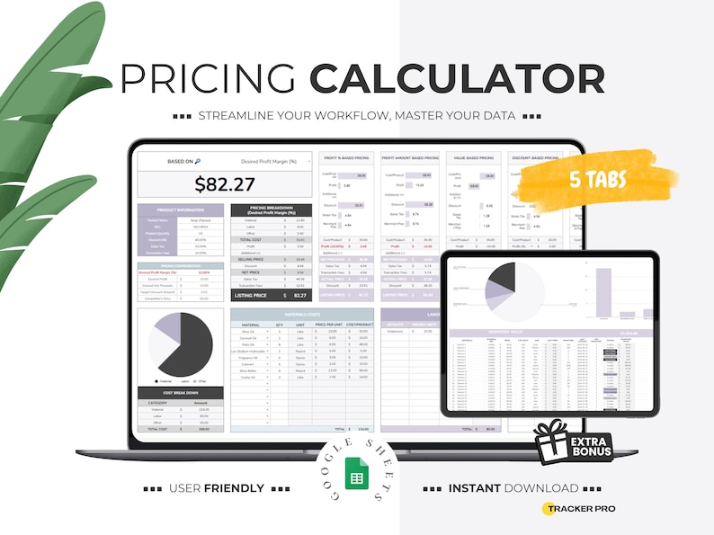 Product Pricing Calculator Spreadsheet for Google Sheets, Profit Margin ...