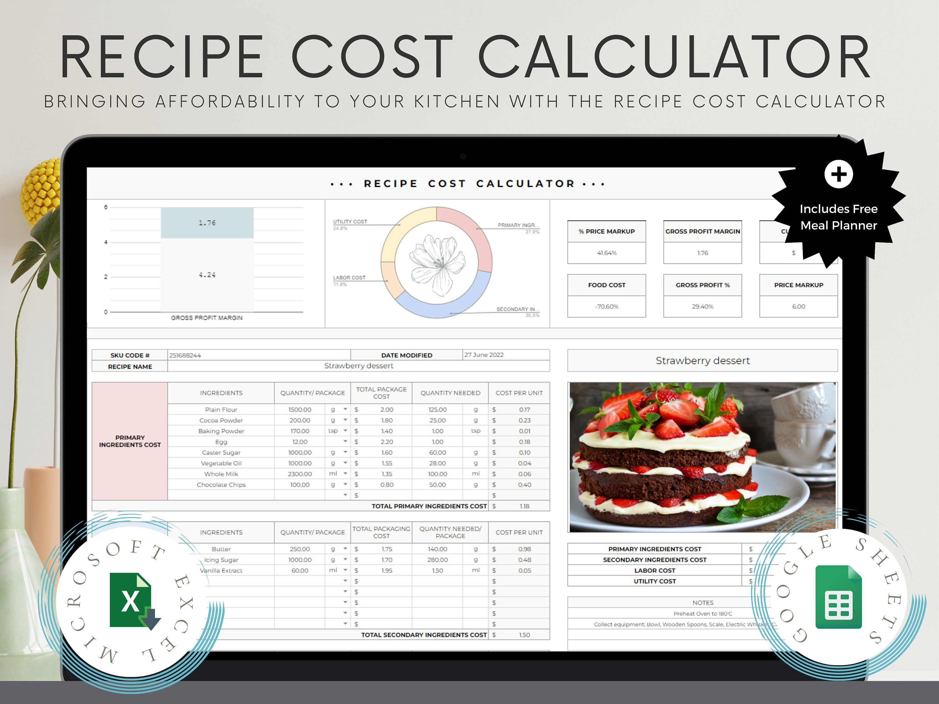 Recipe Cost Calculator for Cooking & Baking, MS Excel, Recipe Price ...