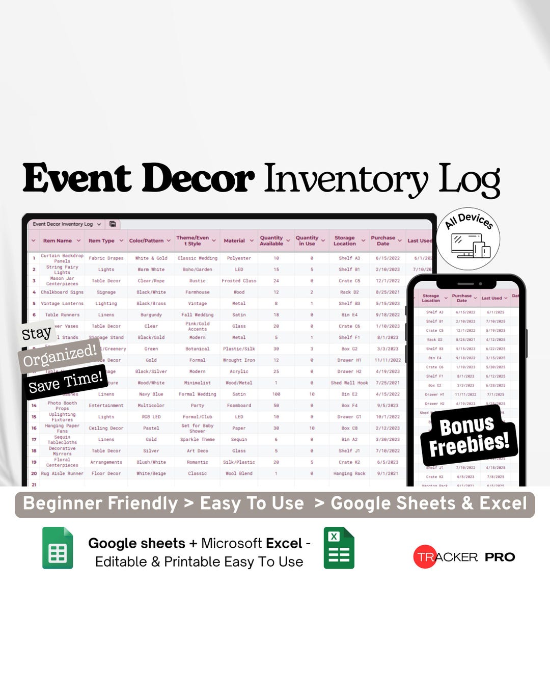 Event Decor Inventory Log Google Sheets, Wedding Decoration Checklist ...