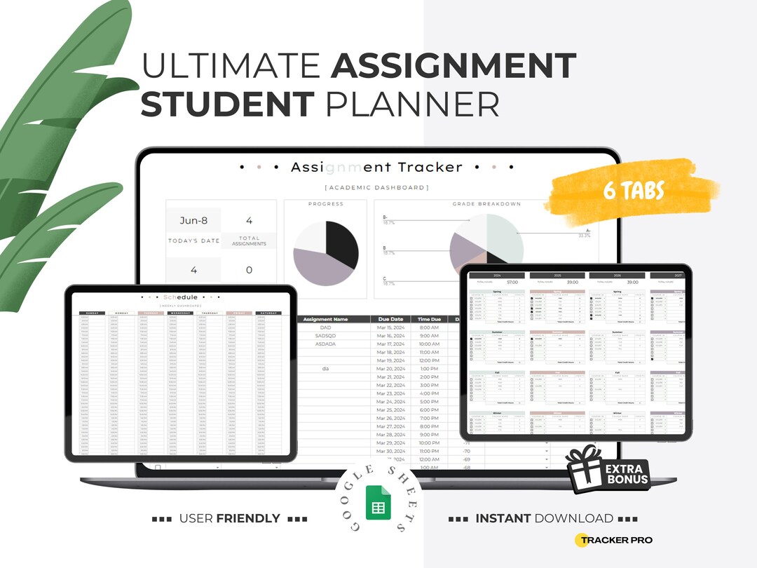 Assignment Tracker Google Sheets Excel Spreadsheet Template | Homework ...
