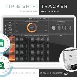 Tip Tracker Excel Spreadsheet, Tips Tracker, Tip Shift Tracker, Server ...