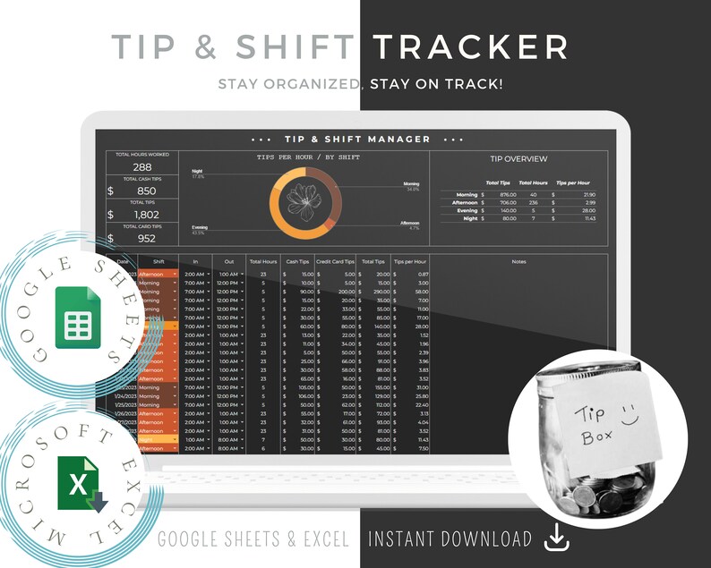 Tip Tracker Excel Spreadsheet, Tips Tracker, Tip Shift Tracker, Server ...
