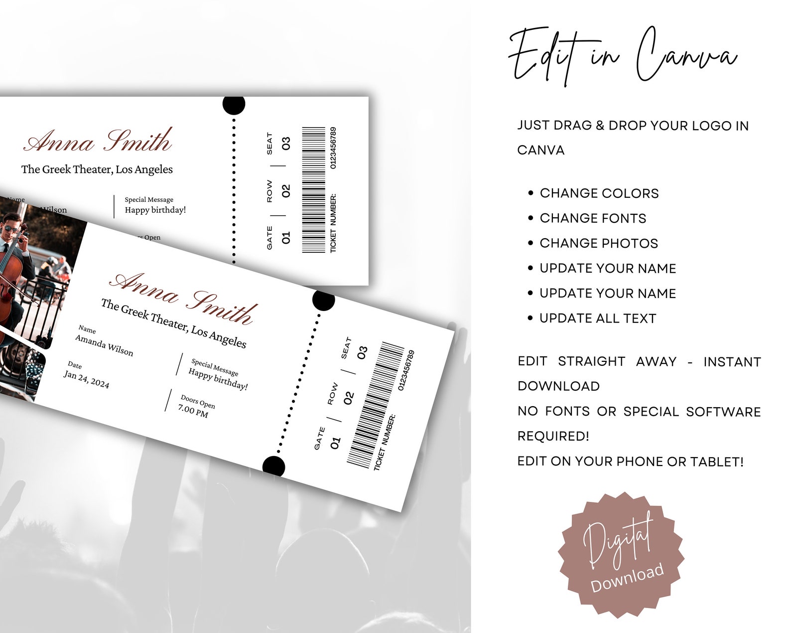 Event Ticket Template, Concert Ticket Canva Template, Editable Concert ...