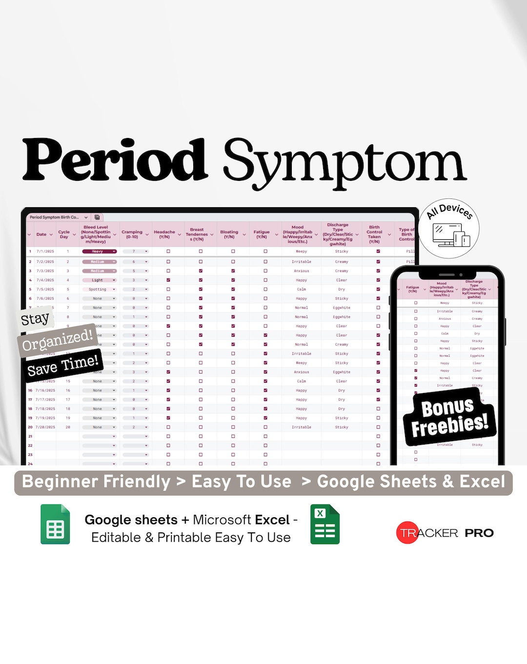 Period Symptom and Birth Control Log Google Excel, Cycle Tracker ...