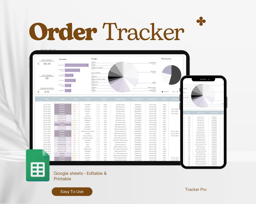 Order Tracker Google Sheets Template Small Business Spreadsheet Digital Order Sales Log Monthly ...