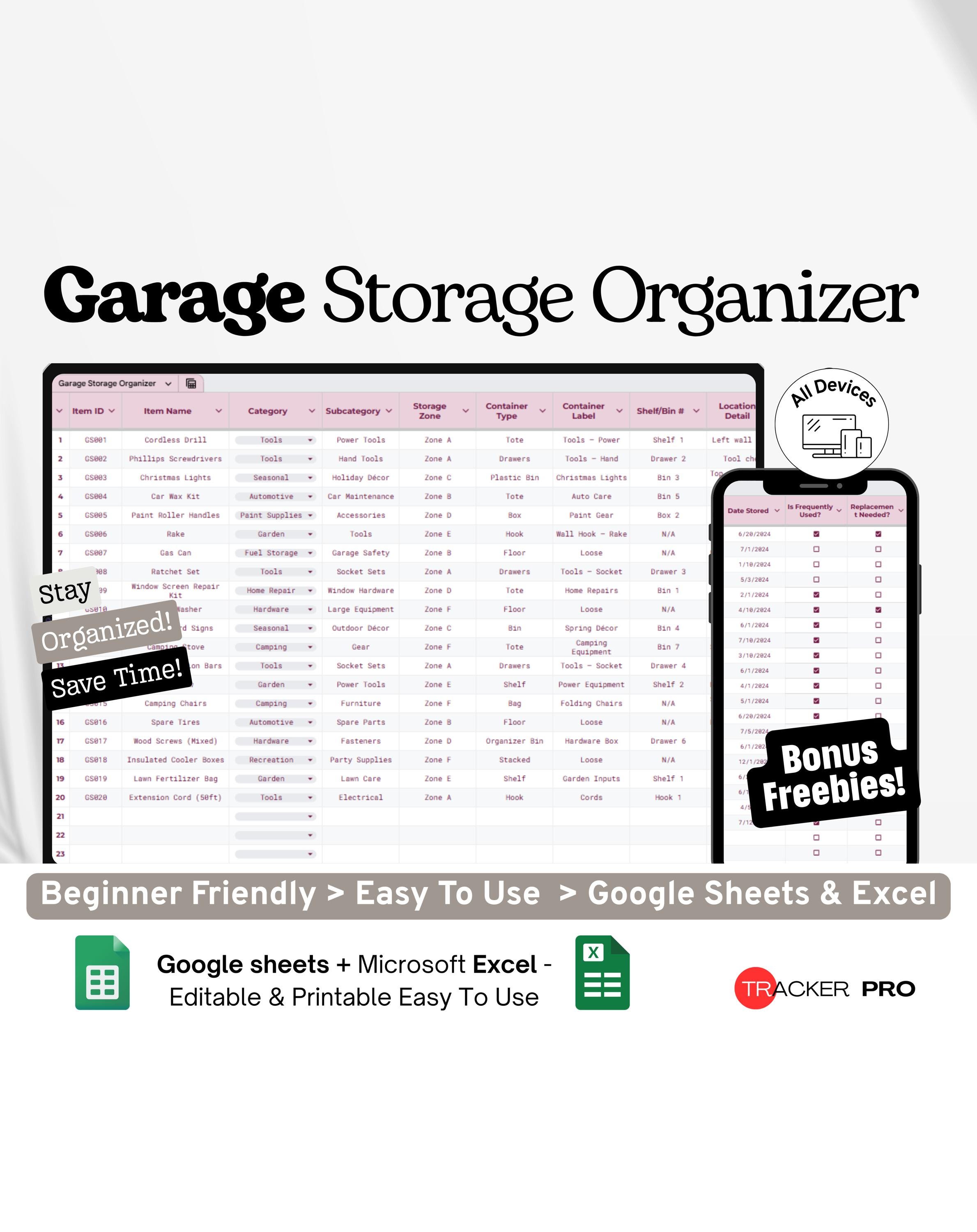 Garage Storage Organizer Google Excel, Home Garage Setup Log, Tool ...