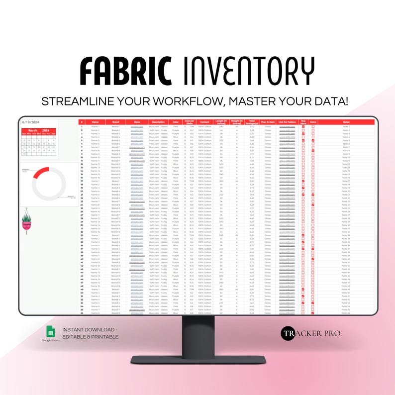Fabric Inventory Tracker Excel Spreadsheet, Sewing Organizer, Fabric ...