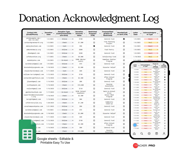 Nonprofit Donation Acknowledgement Log Google Sheets Template (donor ...