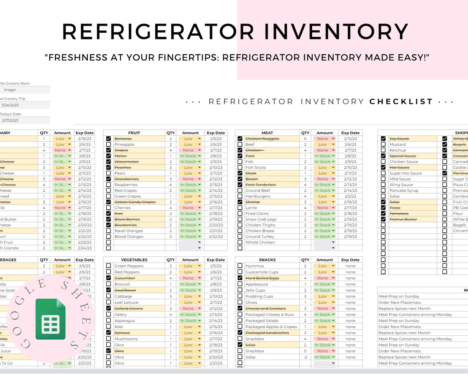 Refrigerator Inventory Template, Refrigerator Checklist, Refrigerator ...