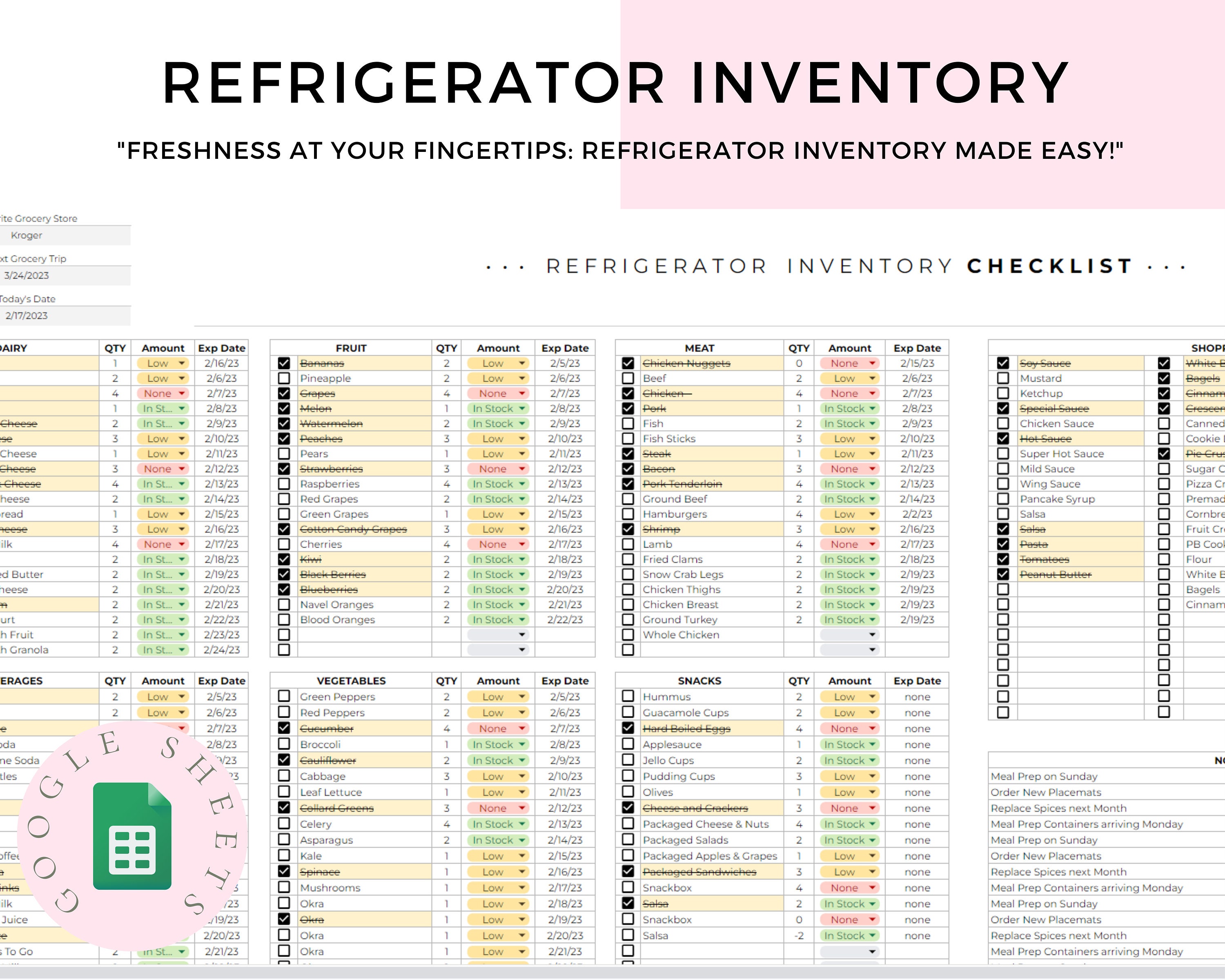 Refrigerator Inventory Template, Refrigerator Checklist, Refrigerator ...