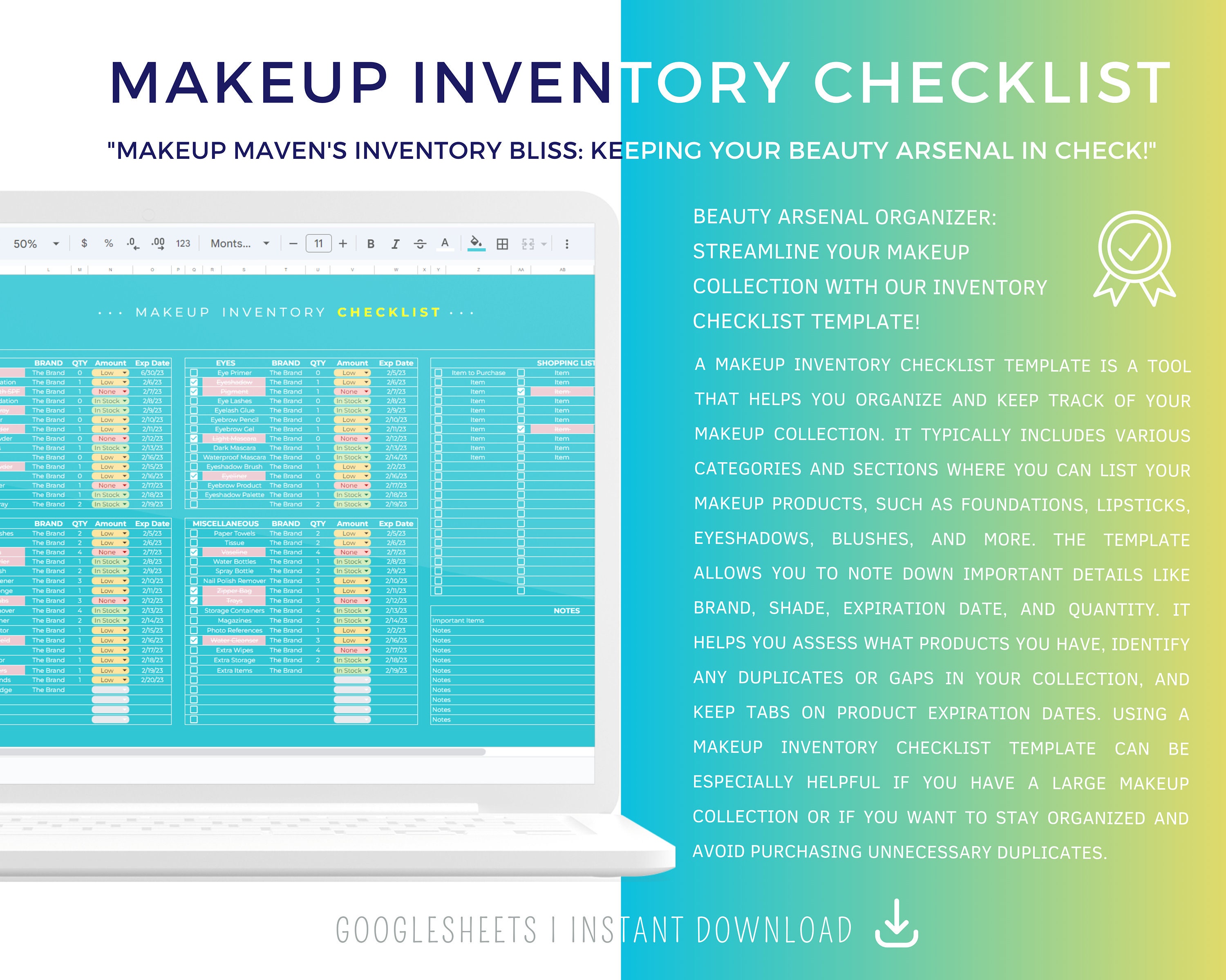 Inventory Sheet Organization Sheet Excel Spreadsheet, Makeup Inventory ...