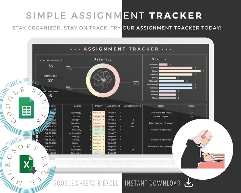 School Planner Spreadsheet Assignment Tracker Google Sheets - Etsy