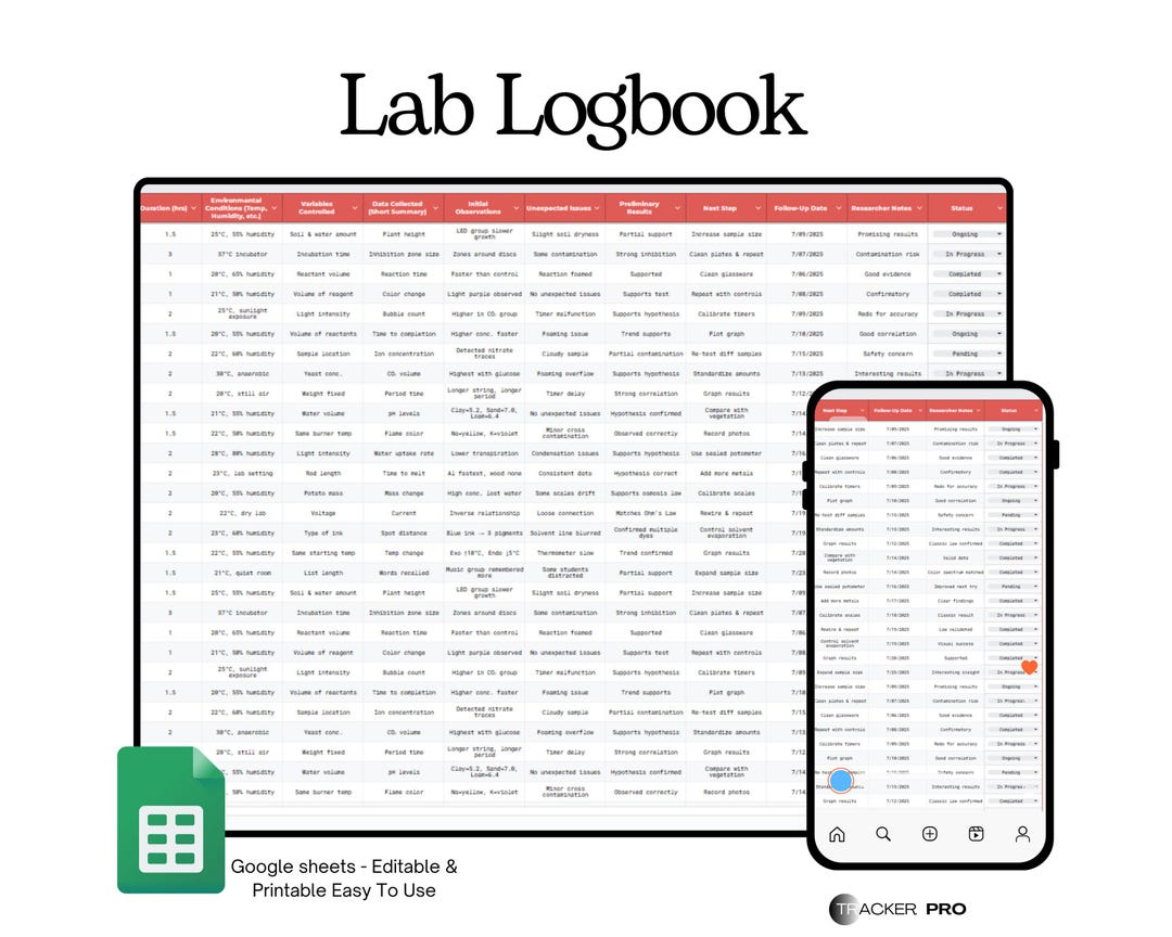 Lab Experiment Logbook Google Sheets | Track Experiments, Results ...