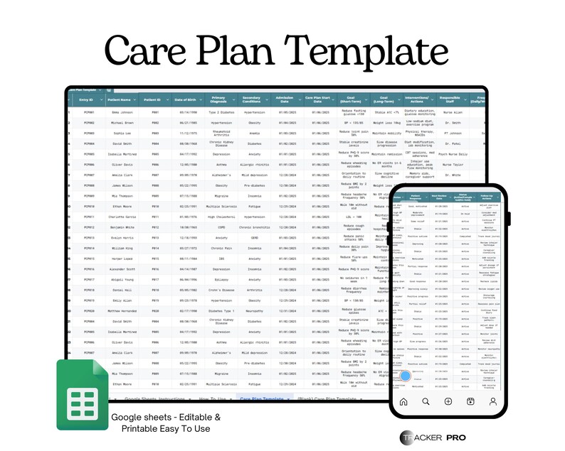 Patient Care Plan Template Google Sheets | Track Care Goals, Treatments ...