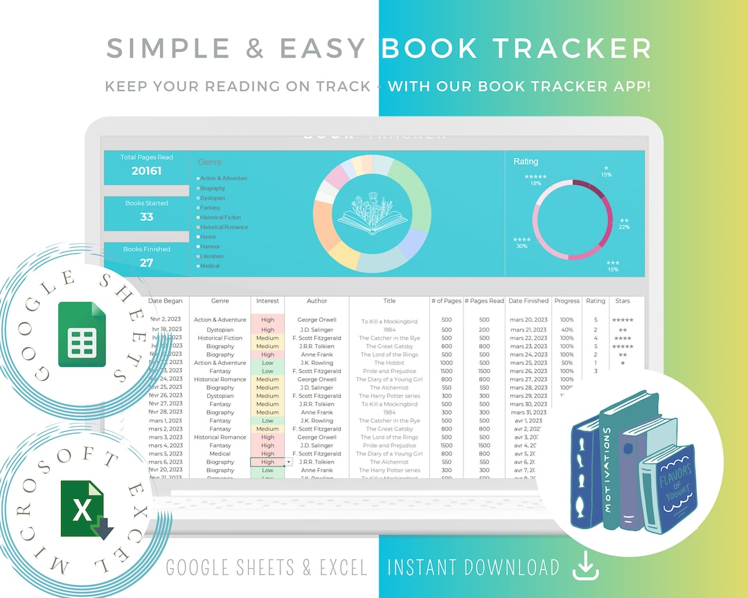 Book Journal Tracker, Book Tracker Excel, Reading Planner, Book Tracker ...