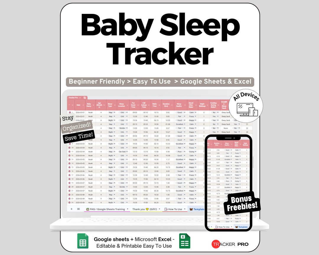 Baby Tracker Spreadsheet for Google Sheets and Excel Sleep Feeding ...