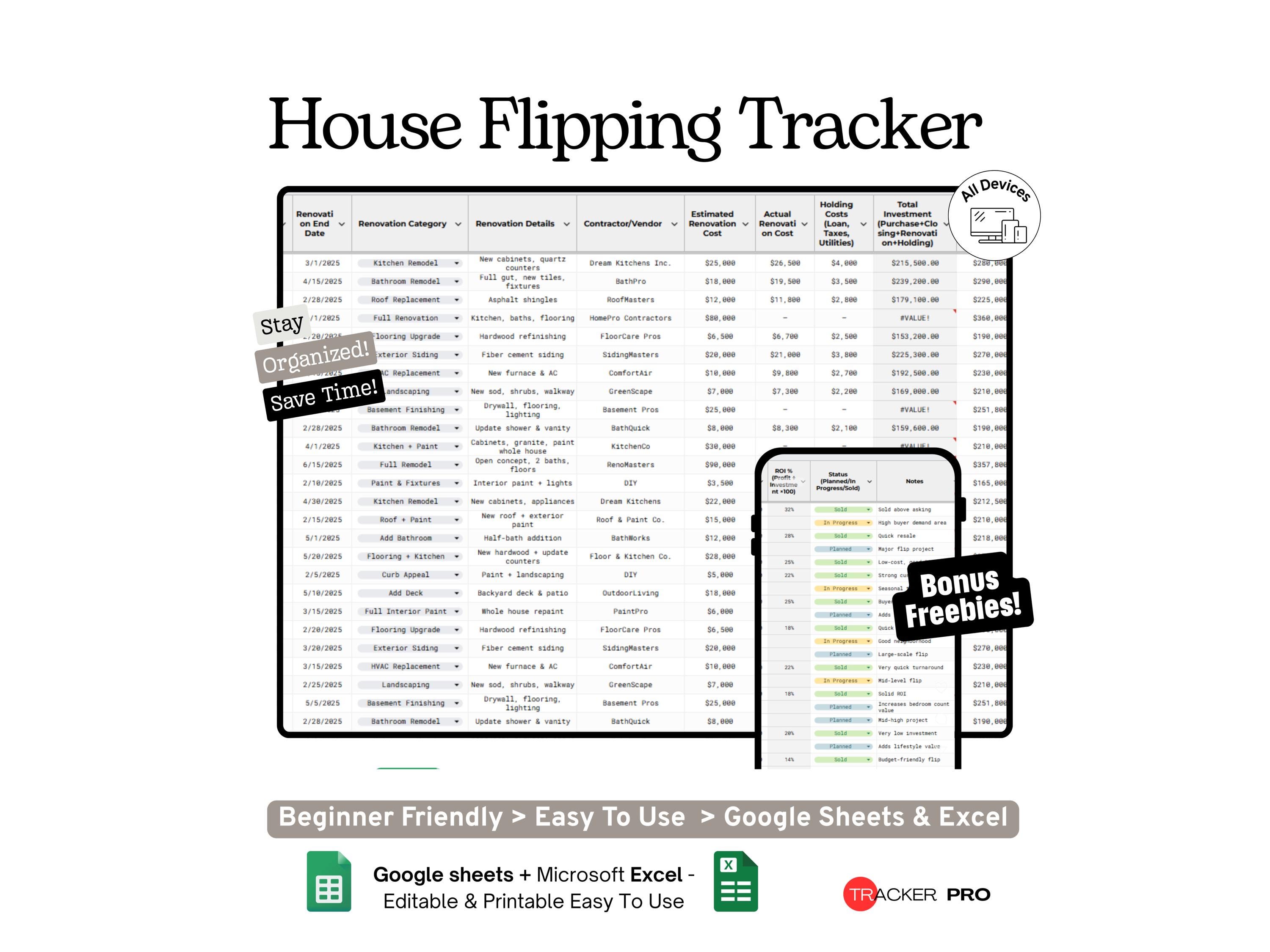 House Flipping Renovation and Profit Tracker Google Sheets Template ...