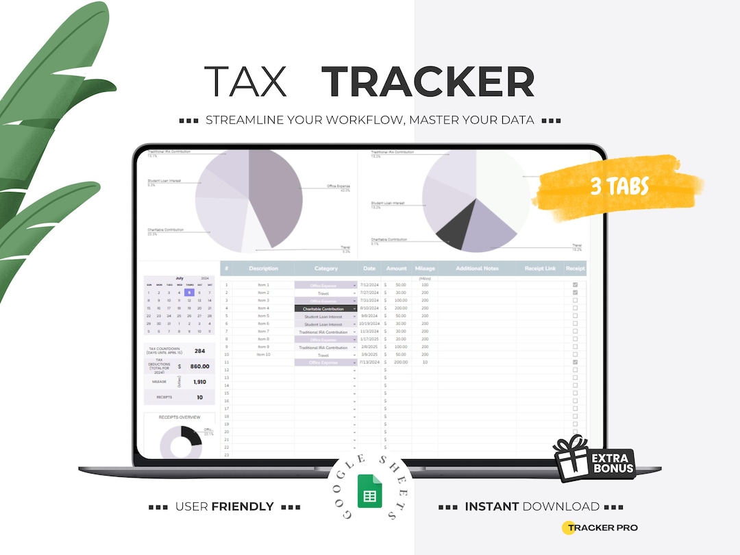 Tax Deduction Google Sheets & Excel Spreadsheet Tax Spreadsheet Tax ...