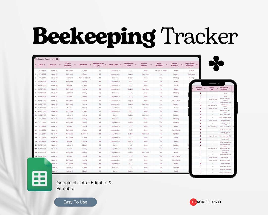 Beekeeping Tracker Google Sheets, Hive Inspection Log, Honey Harvest ...