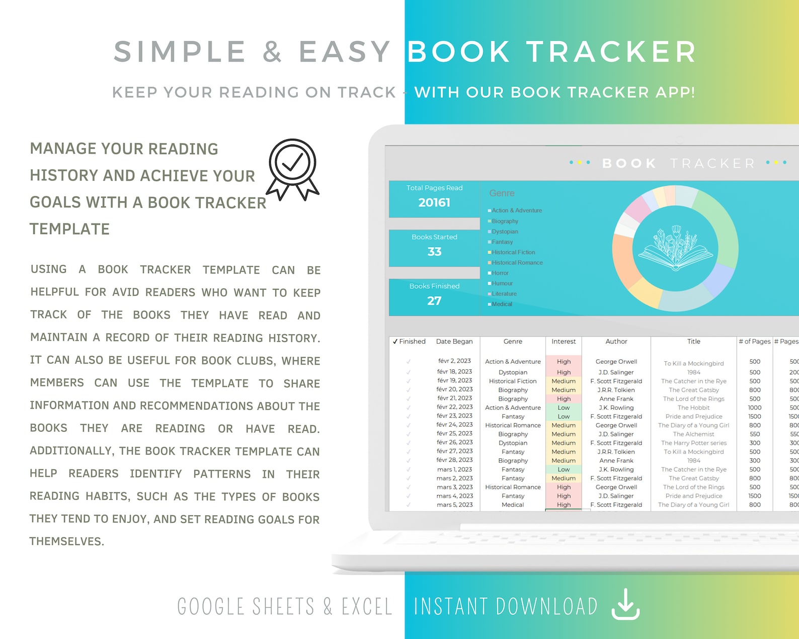 Book Journal Tracker, Book Tracker Excel, Reading Planner, Book Tracker ...