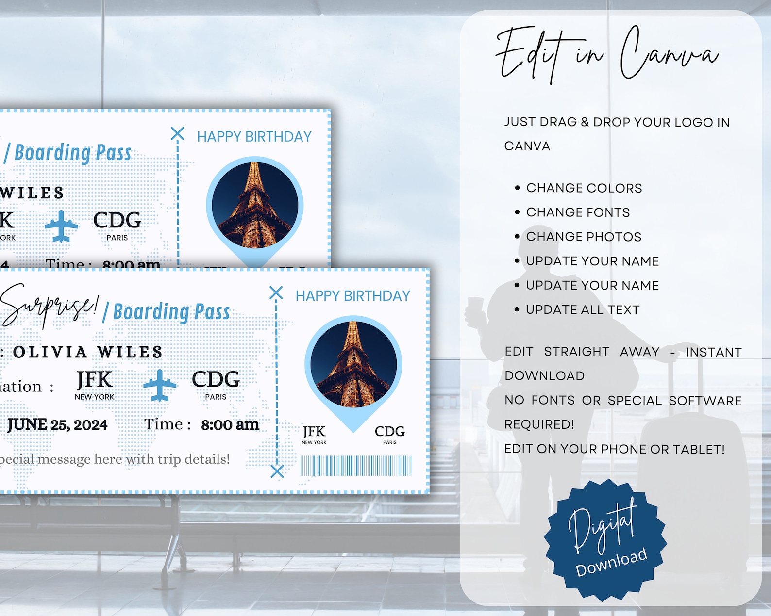 Editable Boarding Pass Template Bundle, Printable Airline Ticket, Plane ...