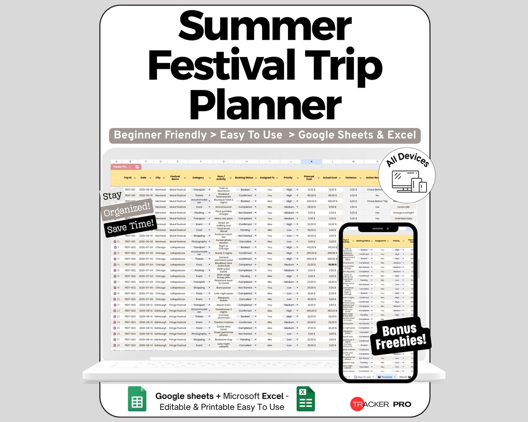Festival Trip Planner Spreadsheet for Google Sheets and Excel Event ...