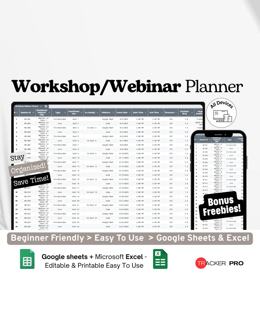 Workshop & Webinar Planner Google Excel, Online Event Organizer ...