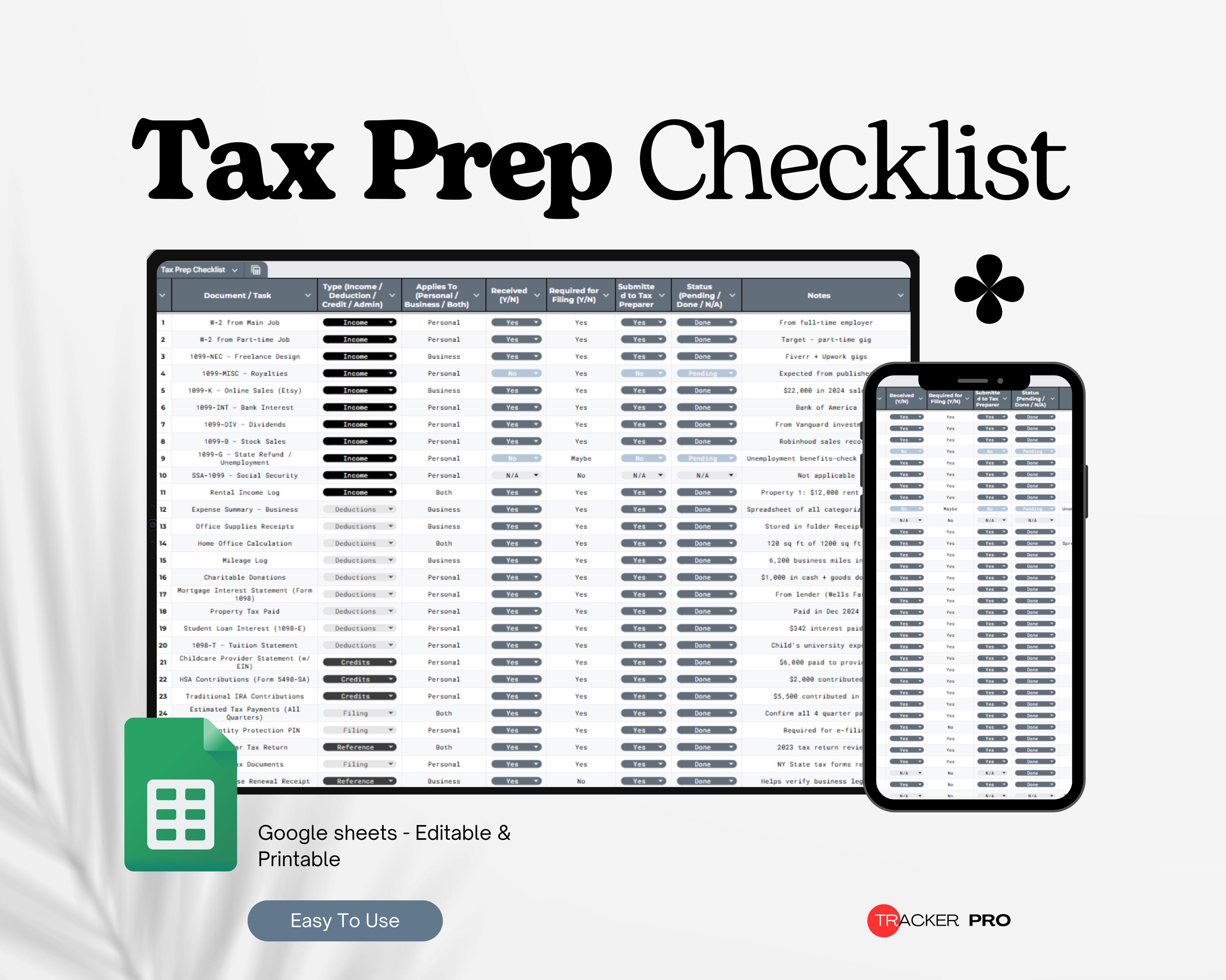 Tax Prep Checklist Google Sheets, Tax Return, Tax Preparation ...