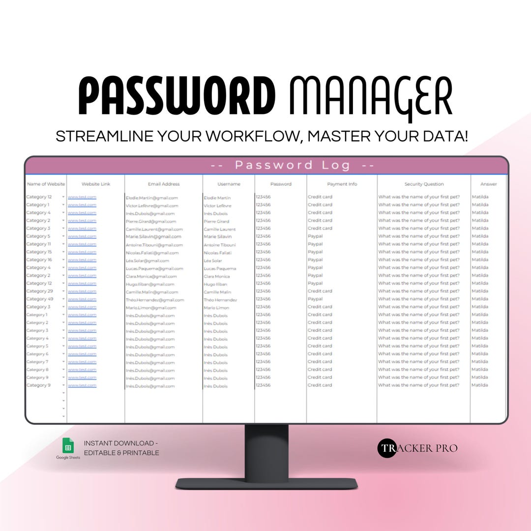 Password Tracker for Google Sheets | Password Organizer Spreadsheet ...
